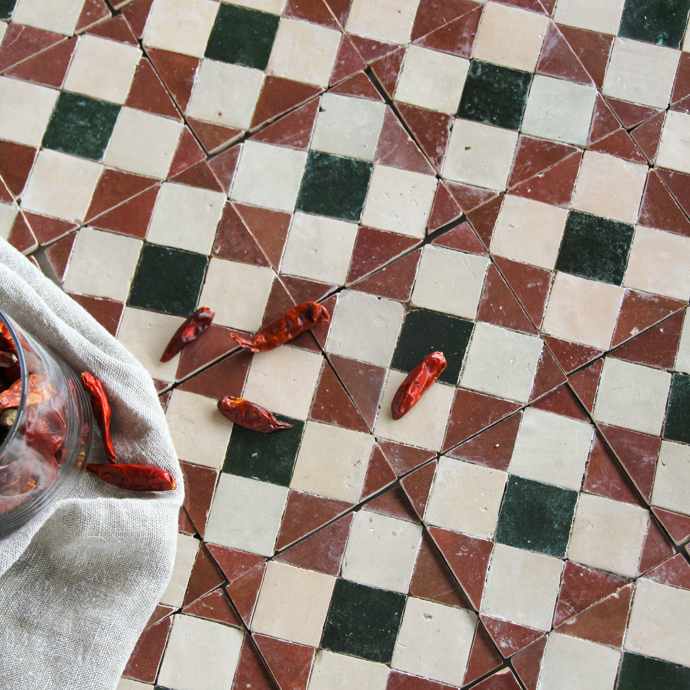 Moroccan Zellige Mosaic EZR0225 Rust, Dark Green, Clay